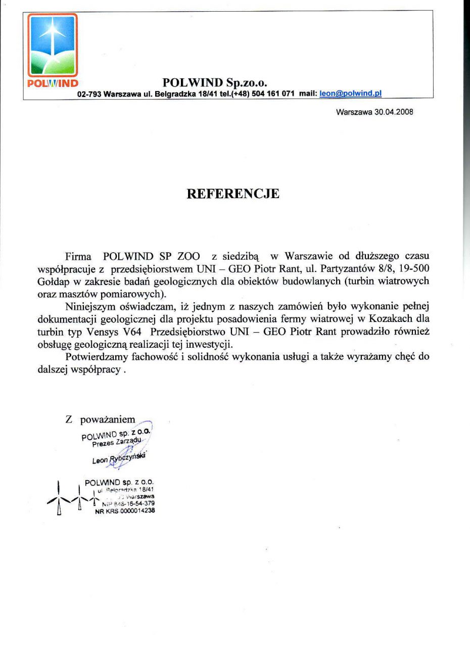 Referencje - Uni Geo - wiercimy, badamy, dokumentujemy
